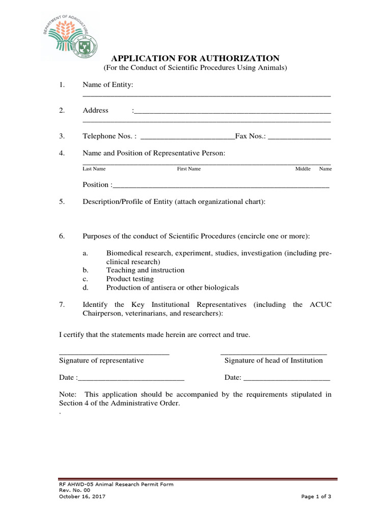 Animal Research Permit Application | PDF | Surgery | Medicine