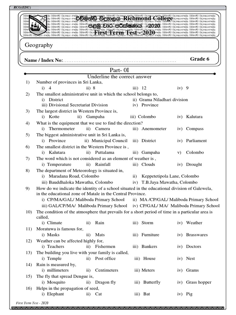Grade 6 Geography First Term Test 2020 | PDF | Science & Mathematics