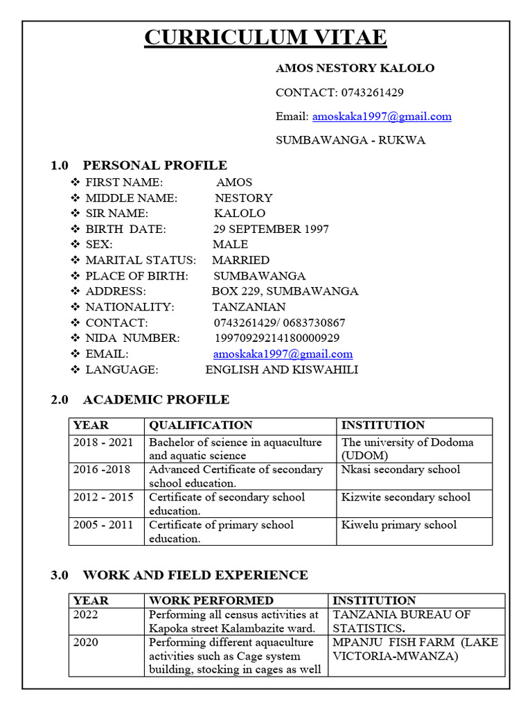 Curriculum Vitae Amos | PDF | Aquaculture | Tanzania