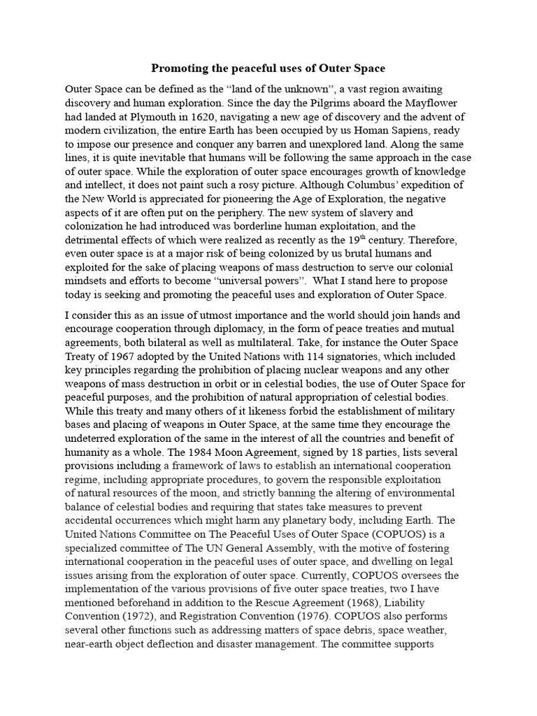 Promoting the peaceful uses of Outer Space | PDF | International Relations