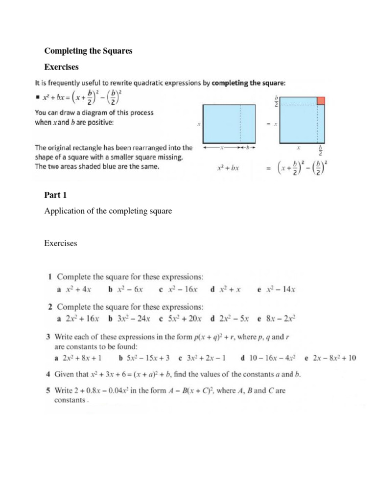 Worksheet 3 Completing The Sqaure Pdf
