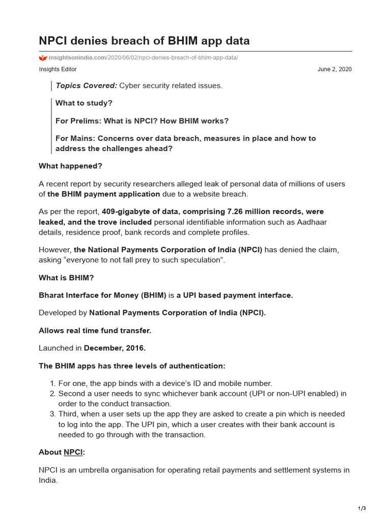 NPCI Denies Breach of BHIM App Data | PDF | Banks | Money