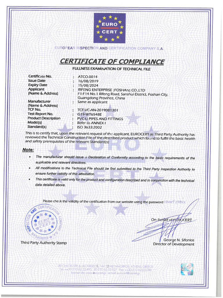 Certificate of Conformity for PVC-U Pipes | PDF | Manufactured Goods ...