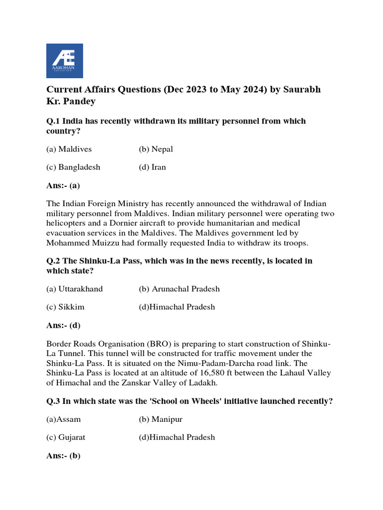 Current Affairs Questions (Dec 2023 To May 2024) | PDF