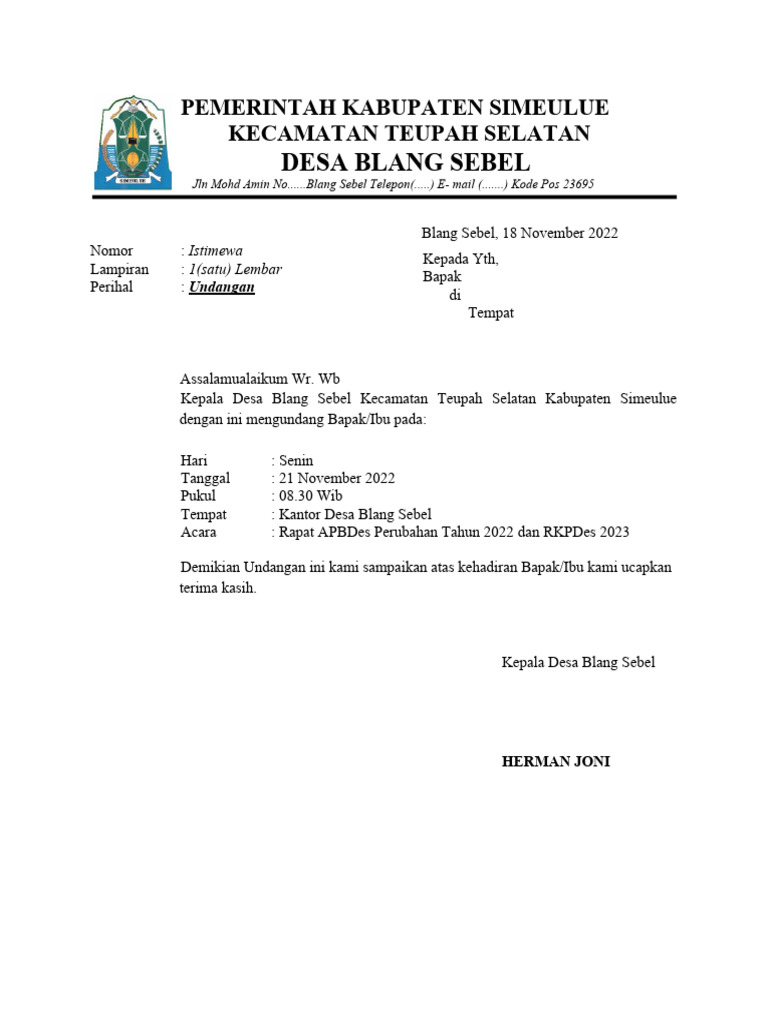 Undangan Rapat APBDes dan RKPDes 2022 | PDF