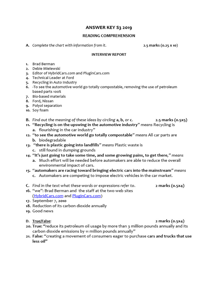Answer Key s3 2019 | PDF | Car | Recycling