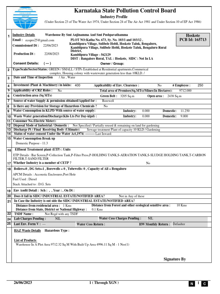 KSPCB Ack | PDF | Water Supply | Water