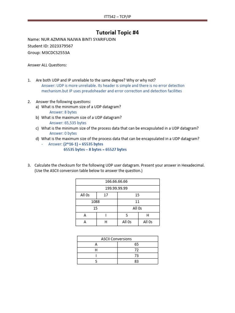 ITT542 - Tutorial Topic 5 UDP Q | PDF | Internet Protocols | Computer Science