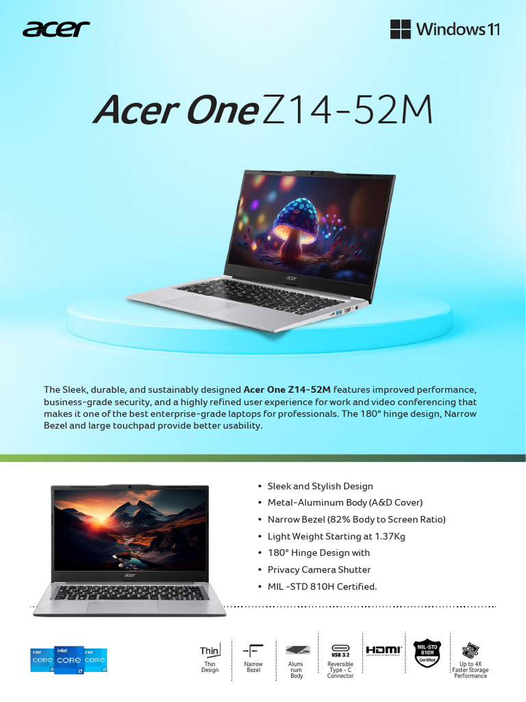 Acer One-Commercial Datasheet Z14-52Mpdf | PDF | Usb | Liquid Crystal Display