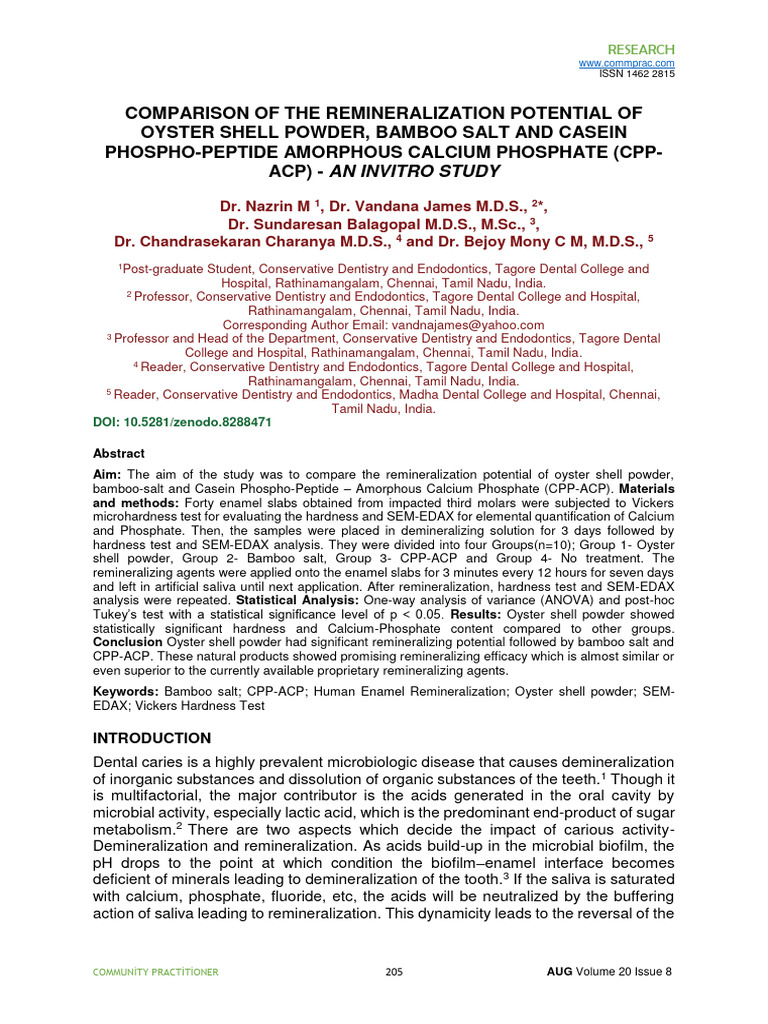 Comparison Of The Remineralization Potential Of Oyster Shell Powder Bamboo Salt And Casein