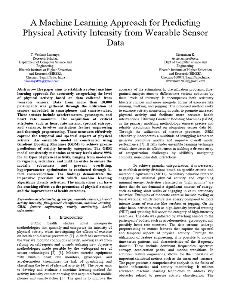 A Machine Learning Approach For Predicting Physical Activity Intensity From Wearable Sensor Data ...