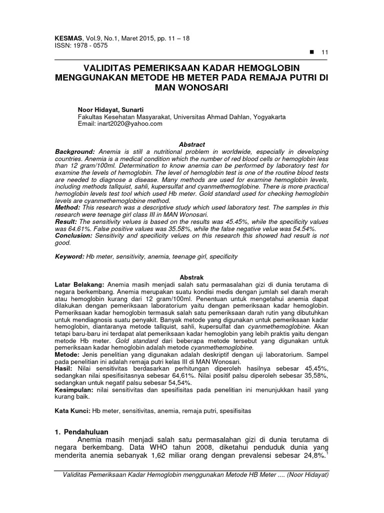 ID Validitas Pemeriksaan Kadar Hemoglobin Menggunakan Metode HB Meter Pada Remaja P | PDF