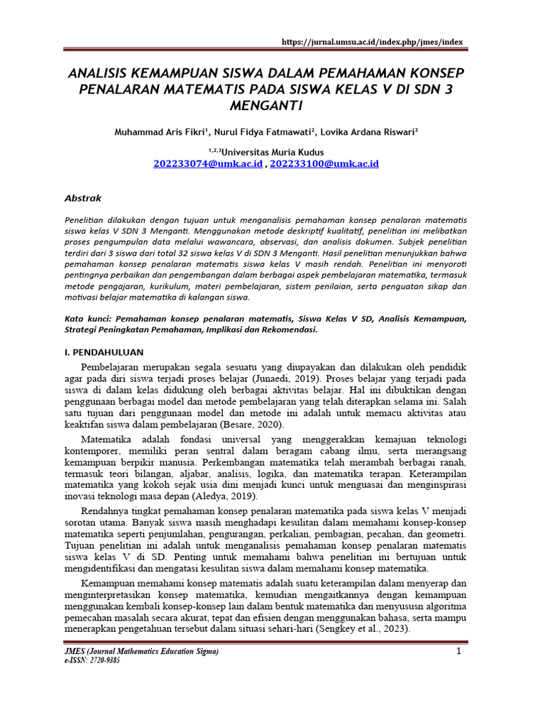 Analisis Kemampuan Siswa Dalam Pemahaman Konsep Penalaran Matematis Pada Siswa Kelas v Di Sdn 3 ...