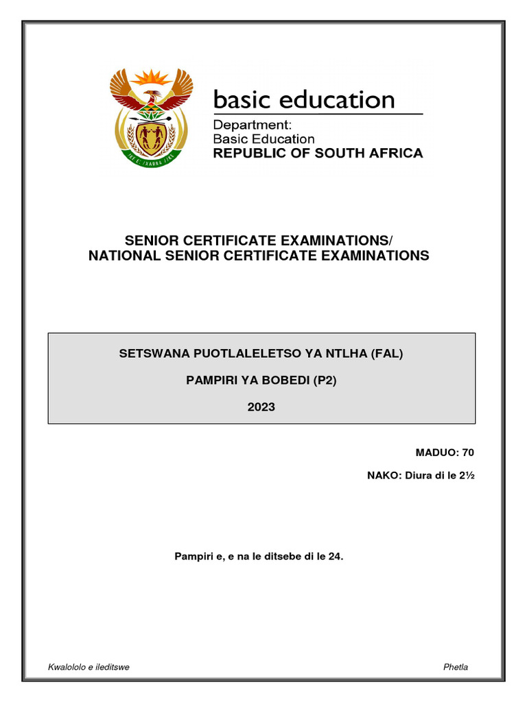 Setswana Paper 2 Grade 12 Exam 2023 | PDF | Linguistics | Languages
