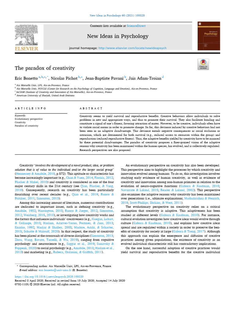 The Paradox of Creativity (New Ideas in Psychology, Vol. 60) (2021 ...