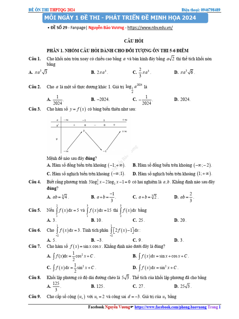 ĐỀ SỐ 29 - MỖI NGÀY 1 ĐỀ THI 2024 - PHÁT TRIỂN ĐỀ MINH HỌA 2024 | PDF