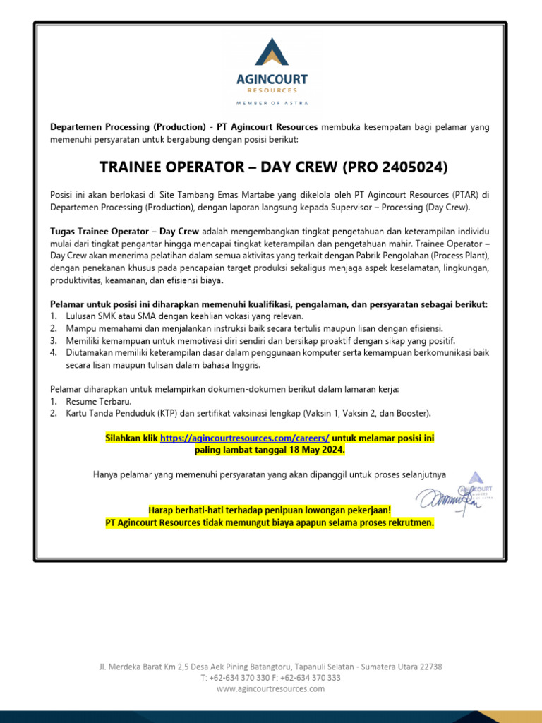 2405024 PRO - External Local - May 2024 - Trainee Operator - Day Crew (INA) | PDF