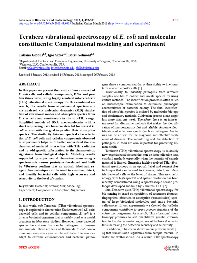 Teraherz Vibrational Spectroscopy of E. Coli and Molecular Constituents: Computational Modeling ...