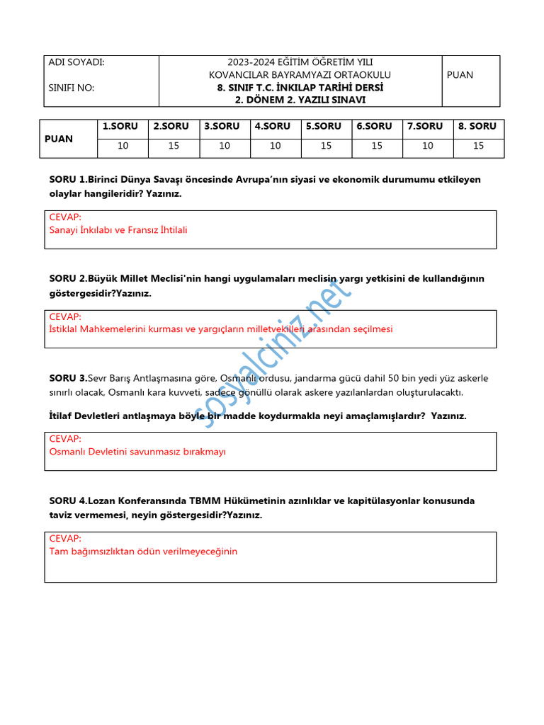 2023 2024 8.sinif T.C. Inkilap Tarihi 2. Donem 2. Yazili 2 Cevapli | PDF