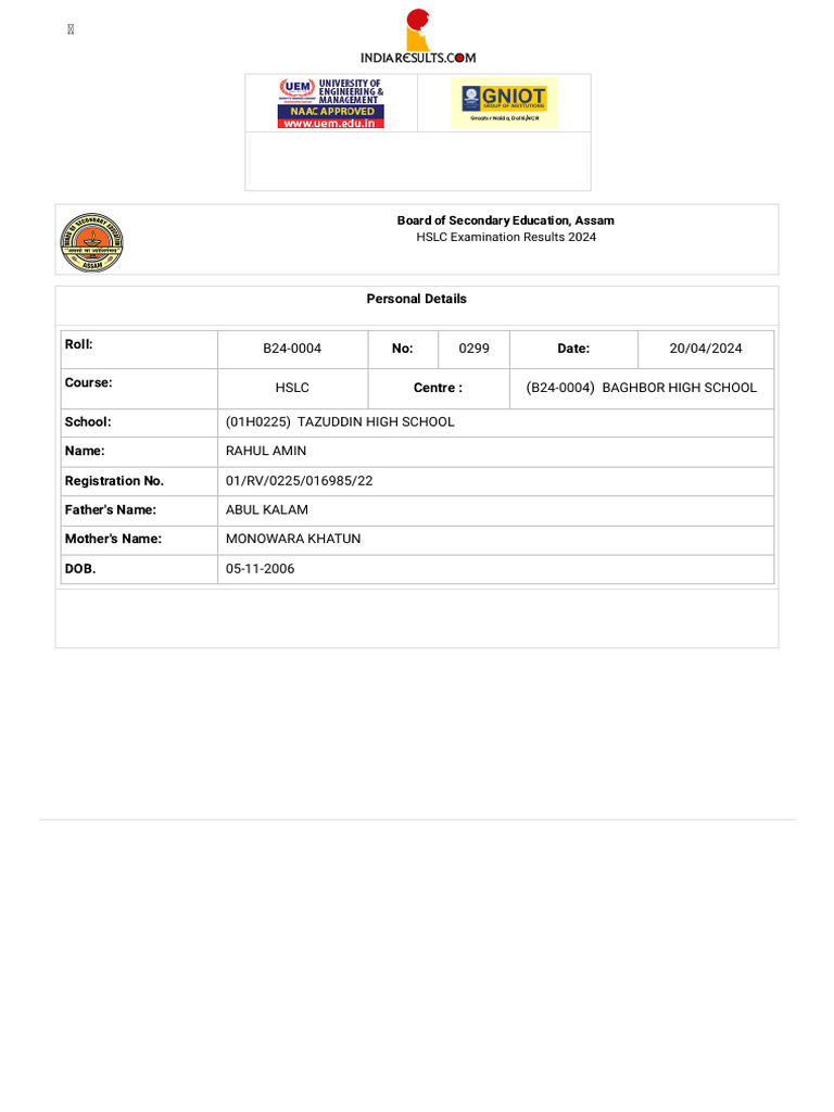 Rahul Amin HSLC Examination Results 2024 - Board of Secondary Education ...