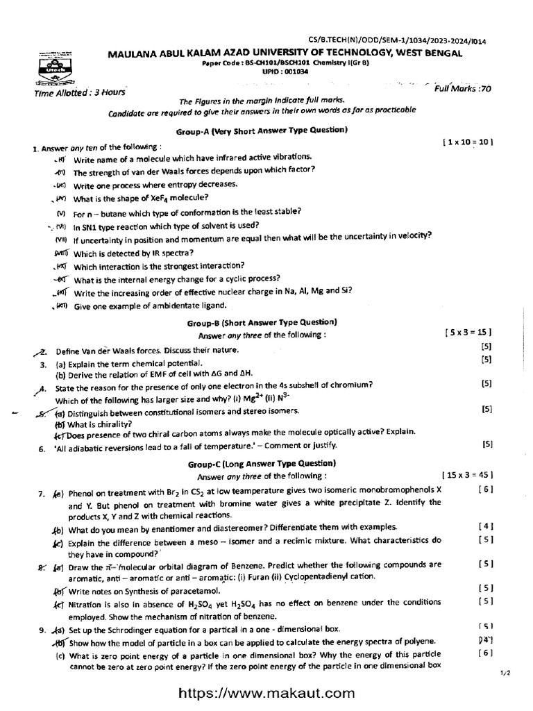 Btech 1 Sem Chemistry 1 Bs Ch101 2024 | PDF Btech 1 Sem Chemistry 1 Bs Ch101 2024 | PDF