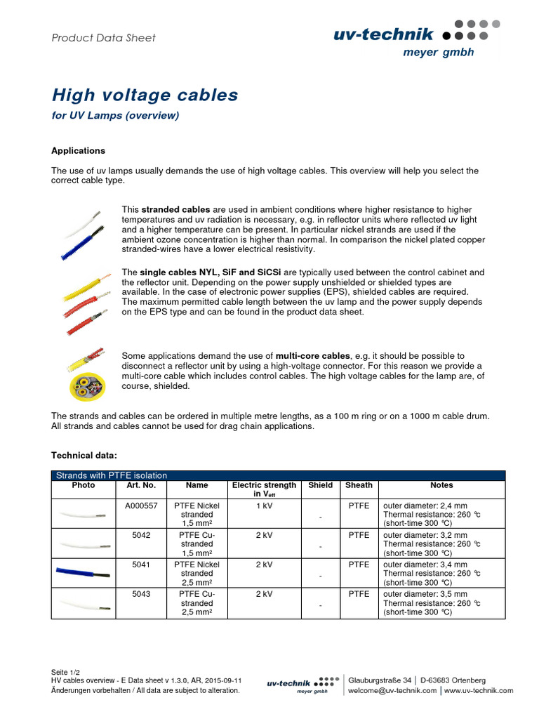 HV Cables Overview E Data Sheet2 | PDF | Power Supply | High Voltage