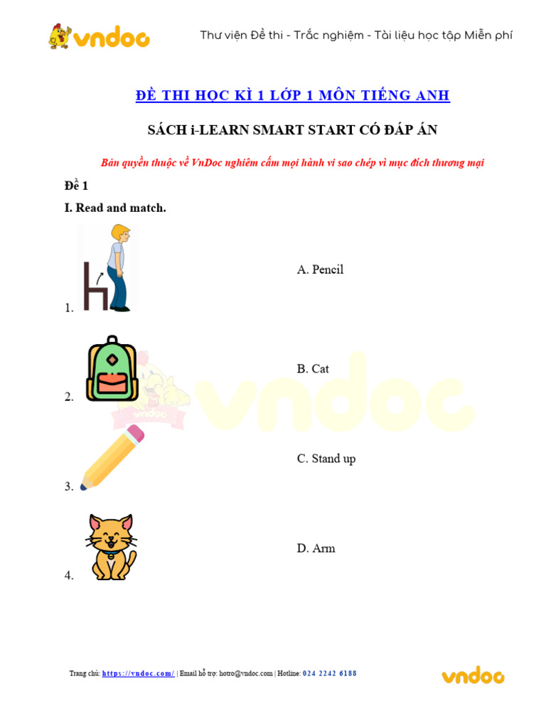De Thi Tieng Anh Lop 1 Hoc Ki 1 i Learn Smart Start Nam 2022 | PDF