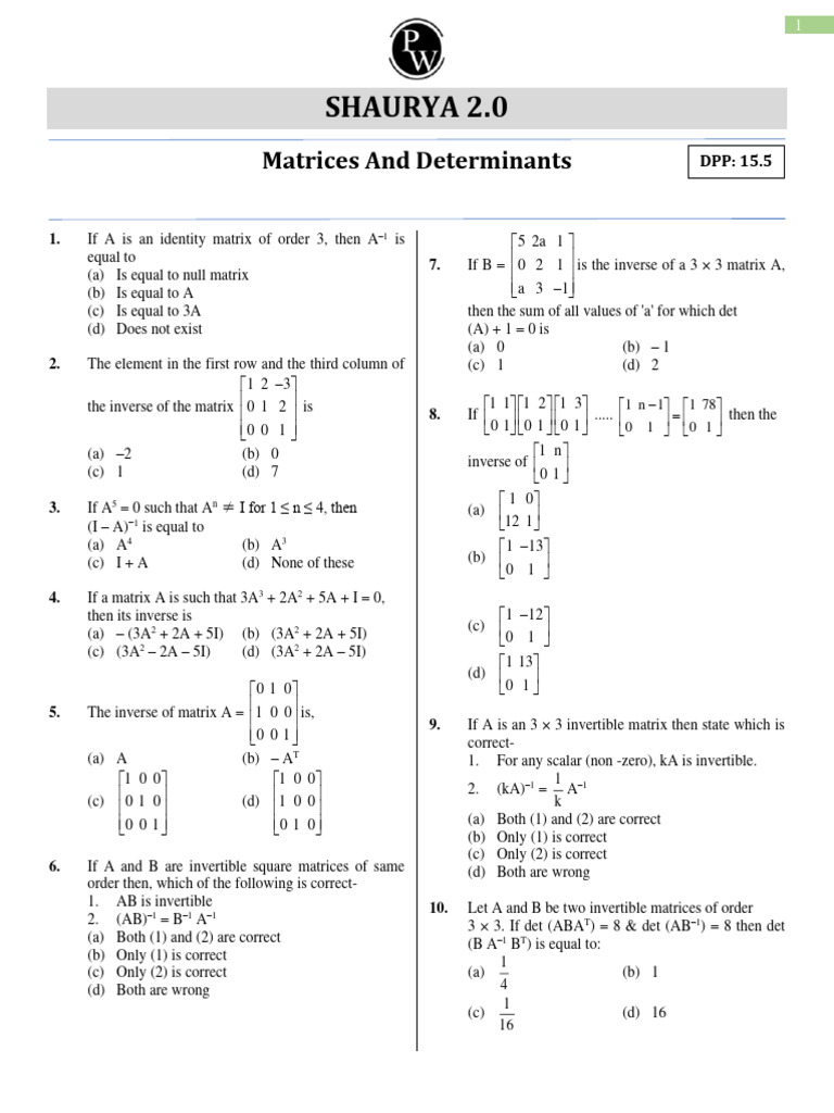 Matrices and Determinants - DPP 15.5 - Shaurya 2.0 | PDF | Matrix (Mathematics) | Determinant