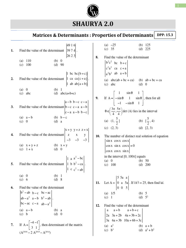 Matrices and Determinants - DPP 15.3 - Shaurya 2.0 | PDF | Determinant | Trigonometric Functions
