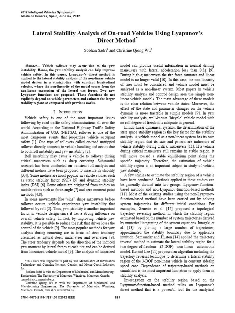 Nonlinear Lateral Stability Analysis of Road Vehicles Using Lyapunov's Second Method | PDF ...
