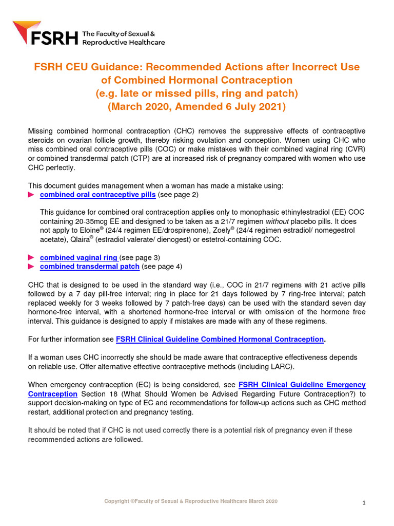 FSRH Ceu Recommended Actions After Incorrect Use of CHC March 2020 Amended Jul 2021 | PDF ...