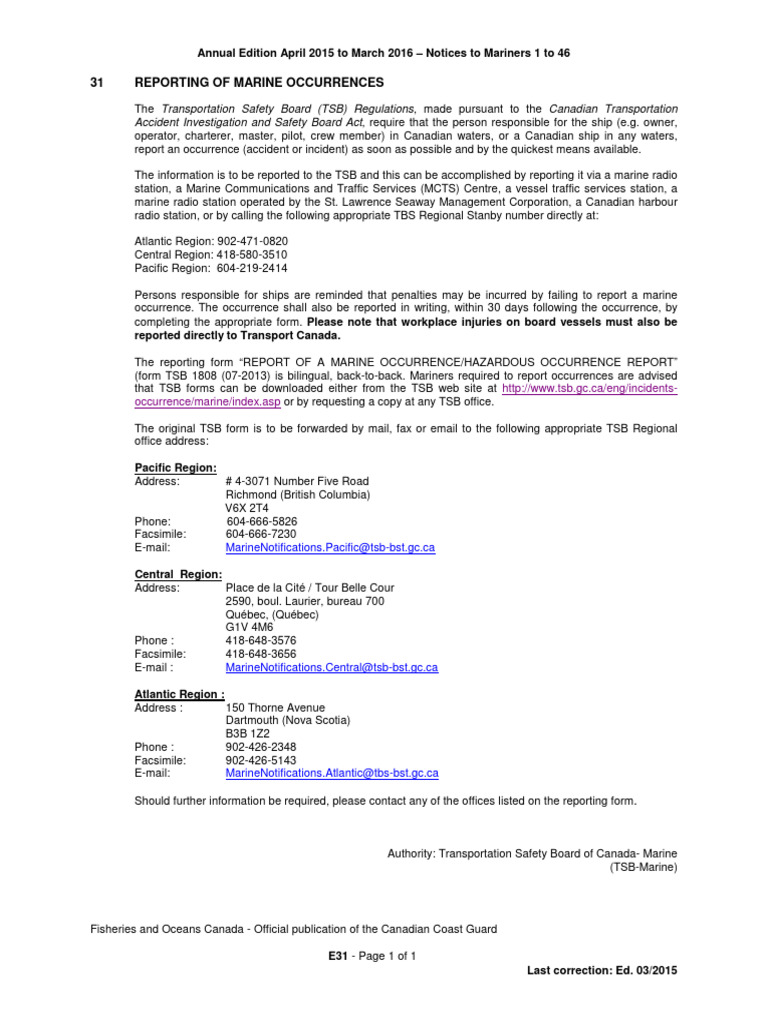 CAN 021 - C. Reporting of Marine Occurences | PDF | Fax