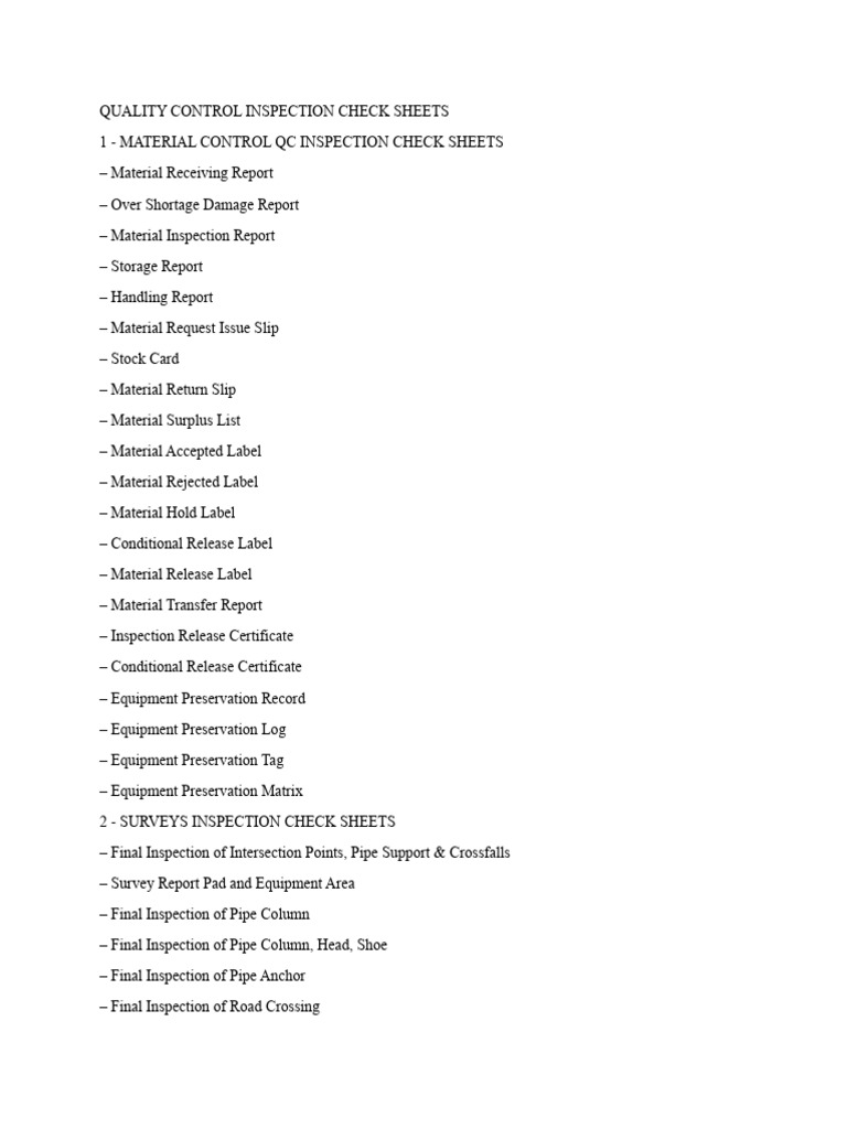 QUALITY CONTROL INSPECTION CHECK SHEETS | Download Free PDF | Concrete ...