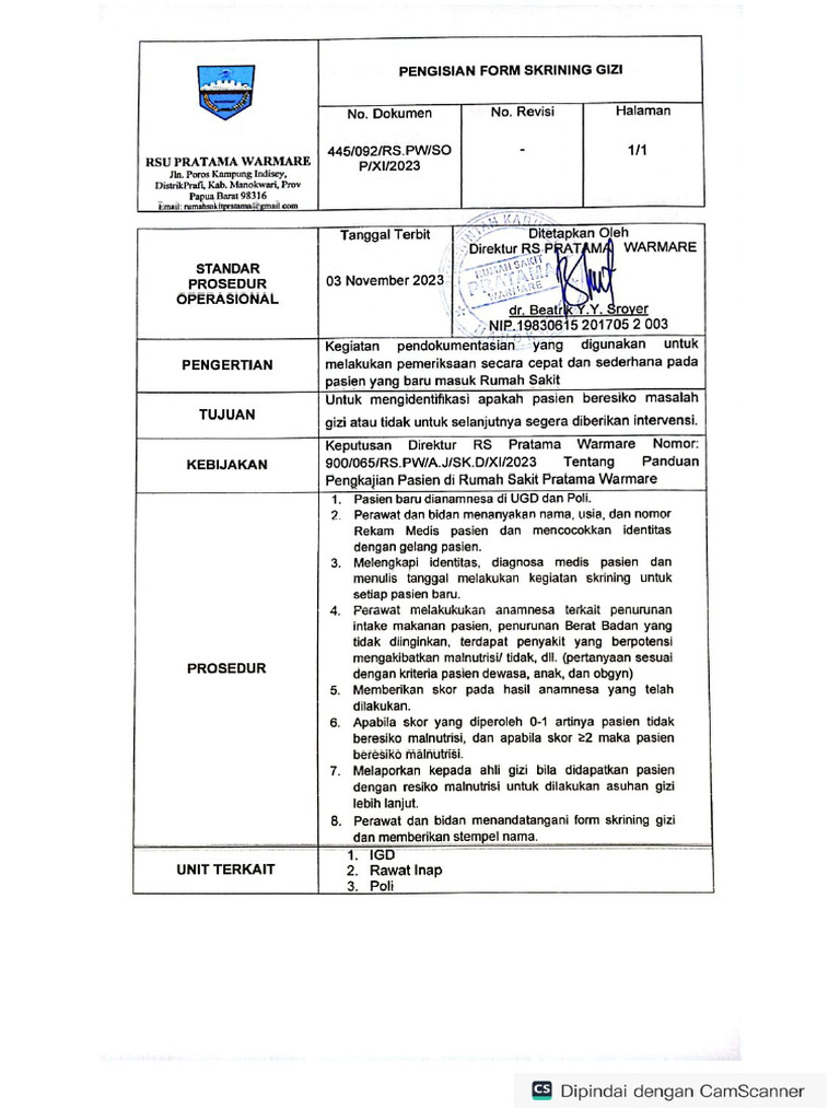 SOP PENGISIAN FORM SKRINING GIZI | PDF