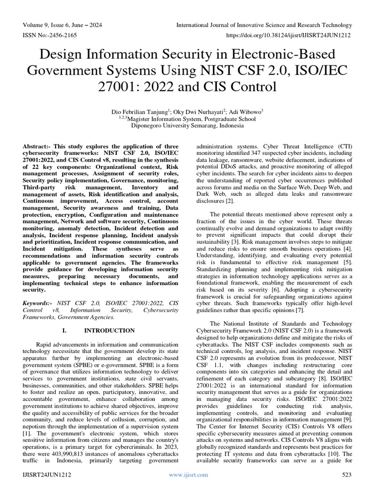 Design Information Security in Electronic-Based Government Systems Using NIST CSF 2.0, ISO/IEC ...