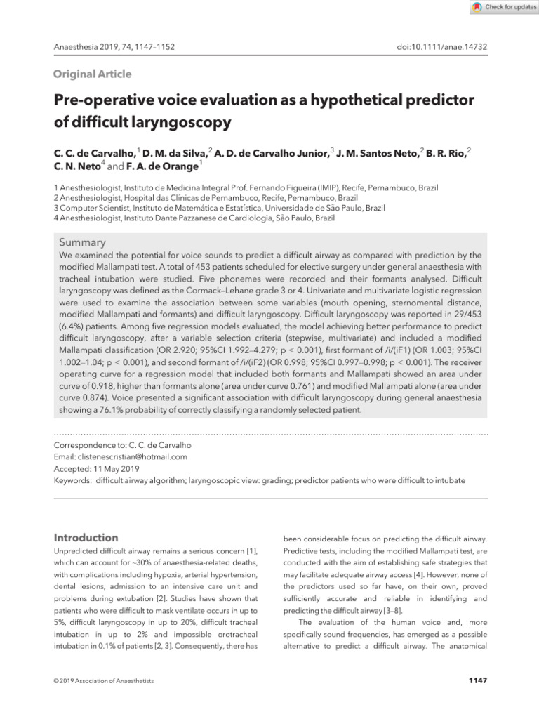 Anaesthesia - 2019 - Carvalho - Pre Operative Voice Evaluation As A ...
