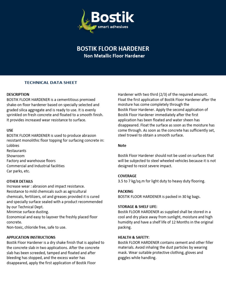 Bostik Floor Hardener TDS PDF | PDF | Concrete | Adhesive