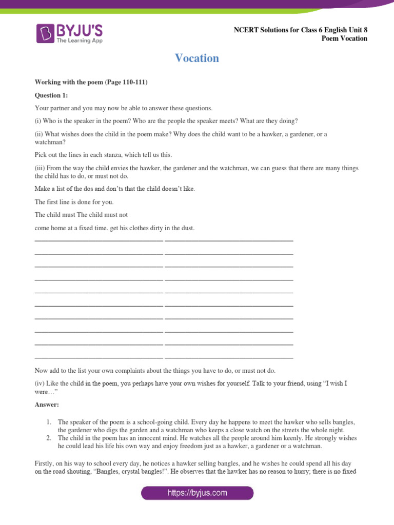 Ncert Solutions For Class 6 English 3may Unit 8 Poem Vocation | PDF