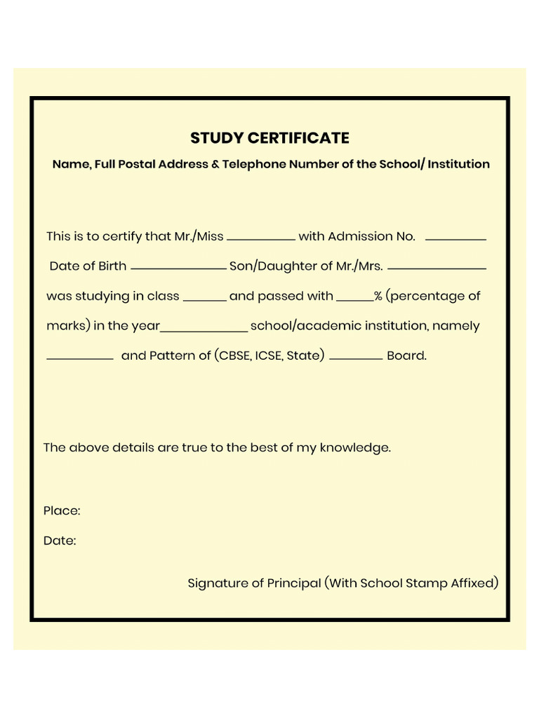 Study Certificate Format for School Students | PDF