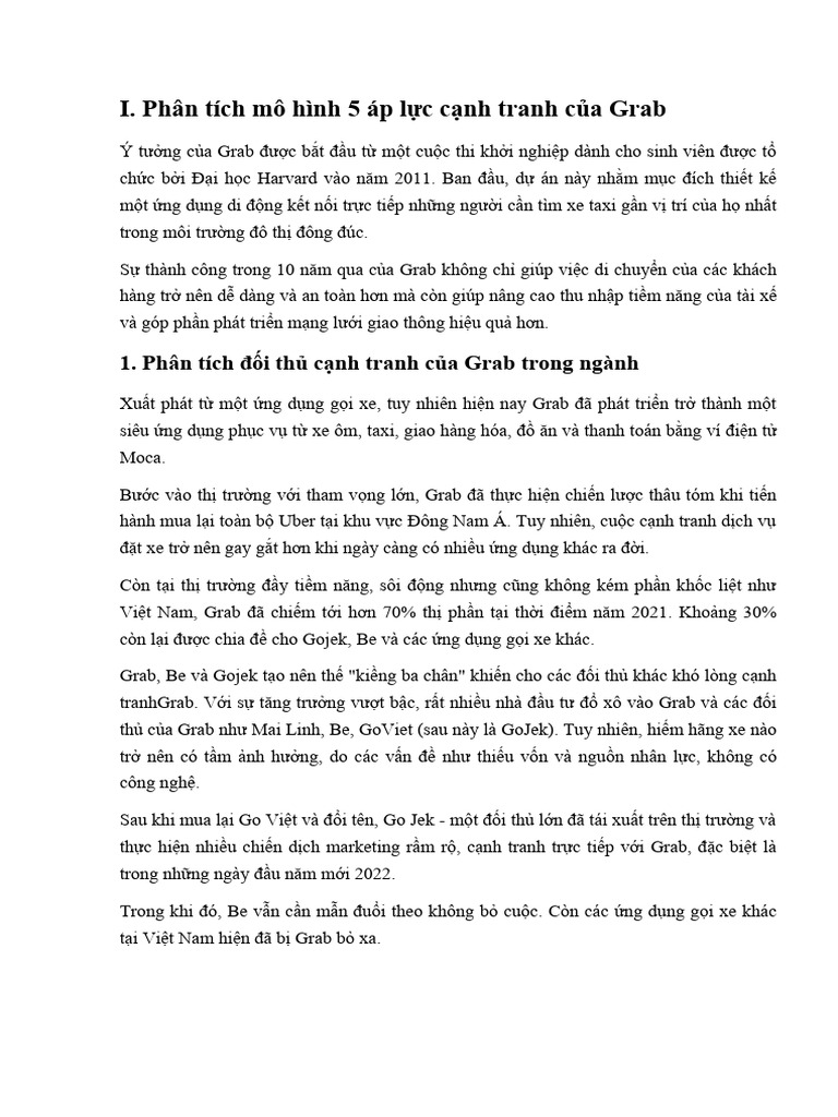 I. Phân Tích Mô Hình 5 Áp L C C NH Tranh C A Grab | PDF