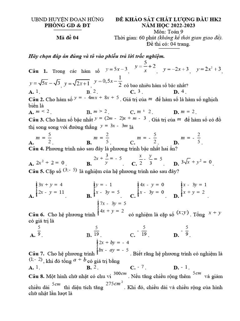 ĐỀ KS TOÁN 9 TNKQ - MA 04 | PDF
