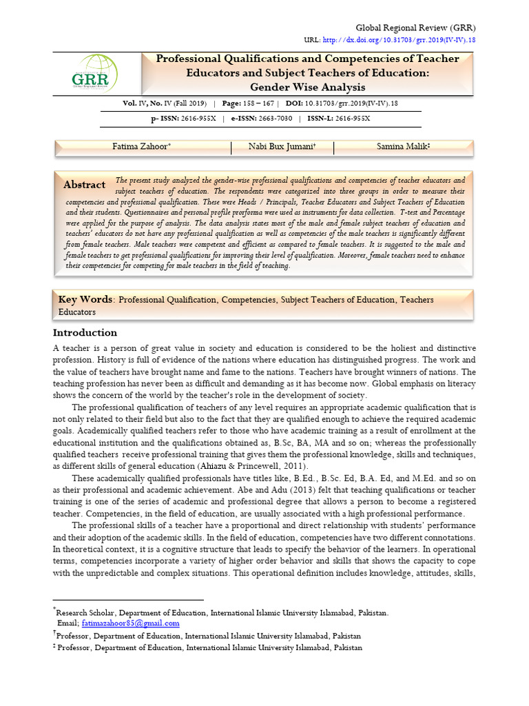 Professional Qualifications and Competen | PDF | Teachers | P Value