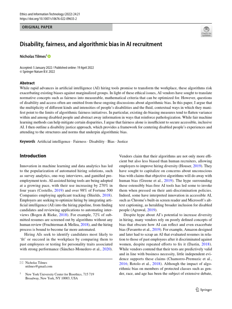 Disability, Fairness, and Algorithmic Bias in AI Recruitment | PDF | Artificial Intelligence ...
