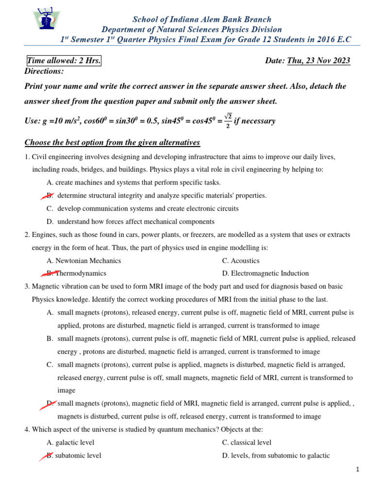 Phy g12 q1 Soln - Final - 2016 | PDF | Physics | Applied And Interdisciplinary Physics
