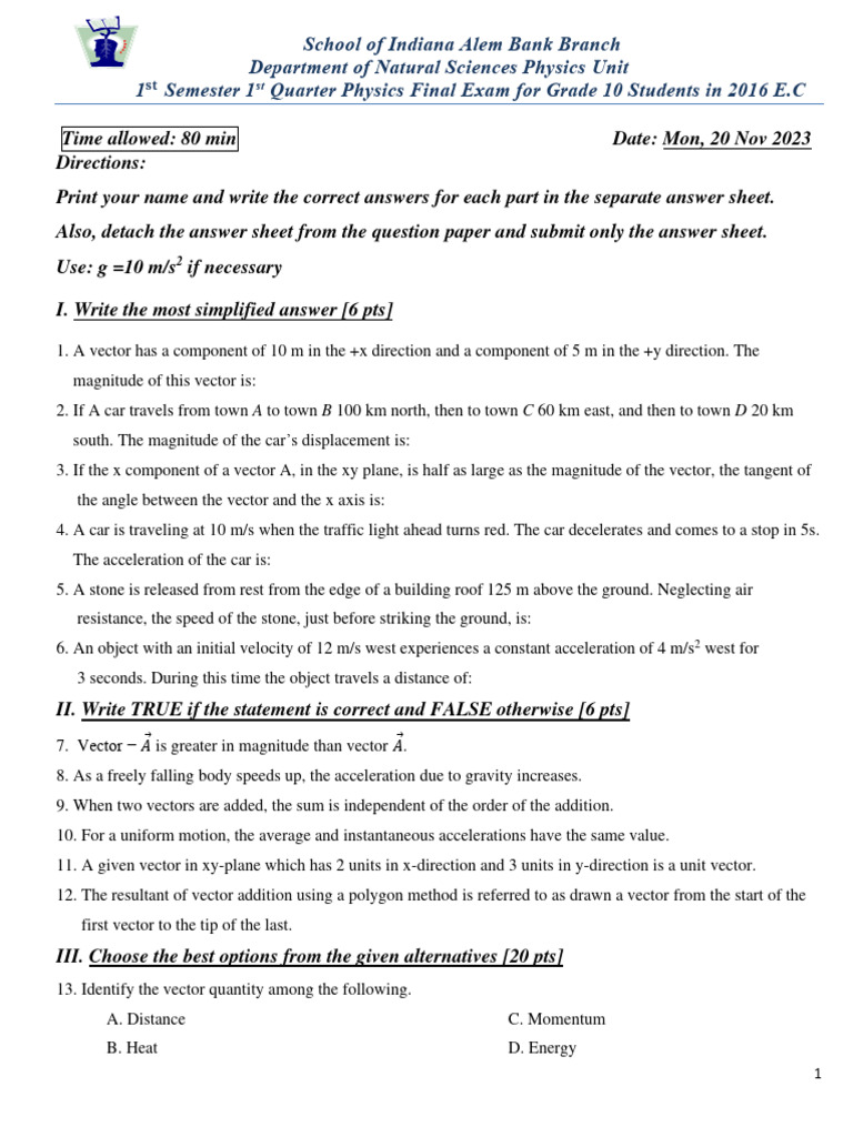 g10 Phy q1 Final New | PDF | Euclidean Vector | Acceleration