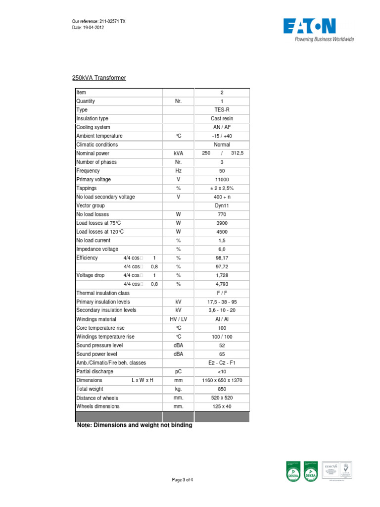 250kVA Transformer Specifications and Details | PDF | Transformer ...