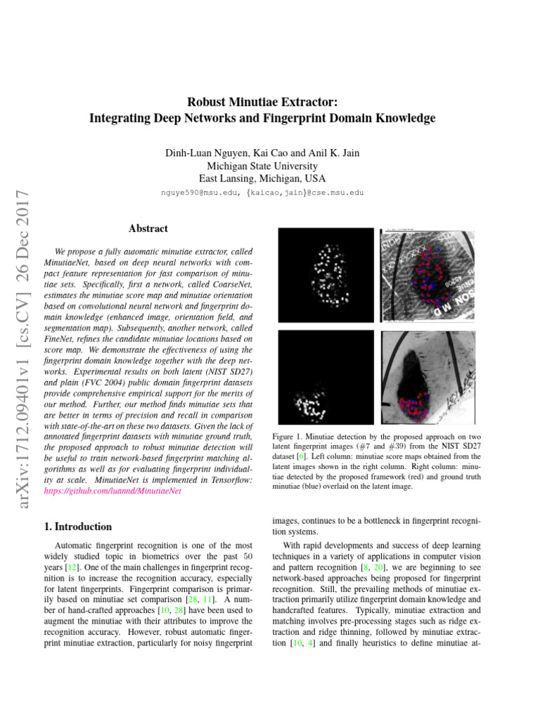 MinutiaNet_Paper | Download Free PDF | Fingerprint | Image Segmentation