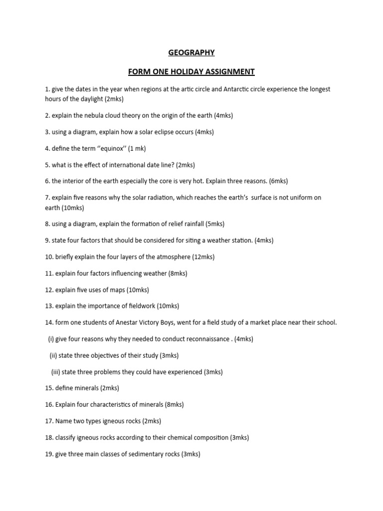 Geography Form 1 Assignment April 2021 Teacher - Co - .Ke | PDF ...