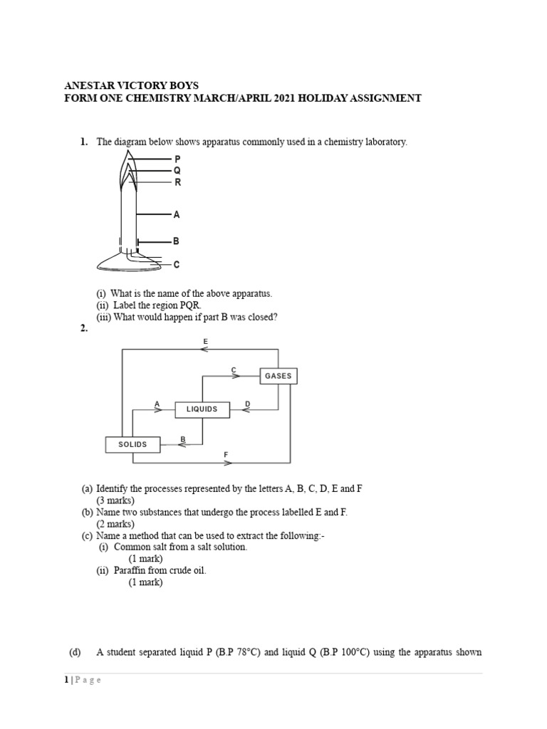 Chemistry Form 1 Assignment April 2021 Teacher - Co - .Ke | PDF | Mixture | Oxygen