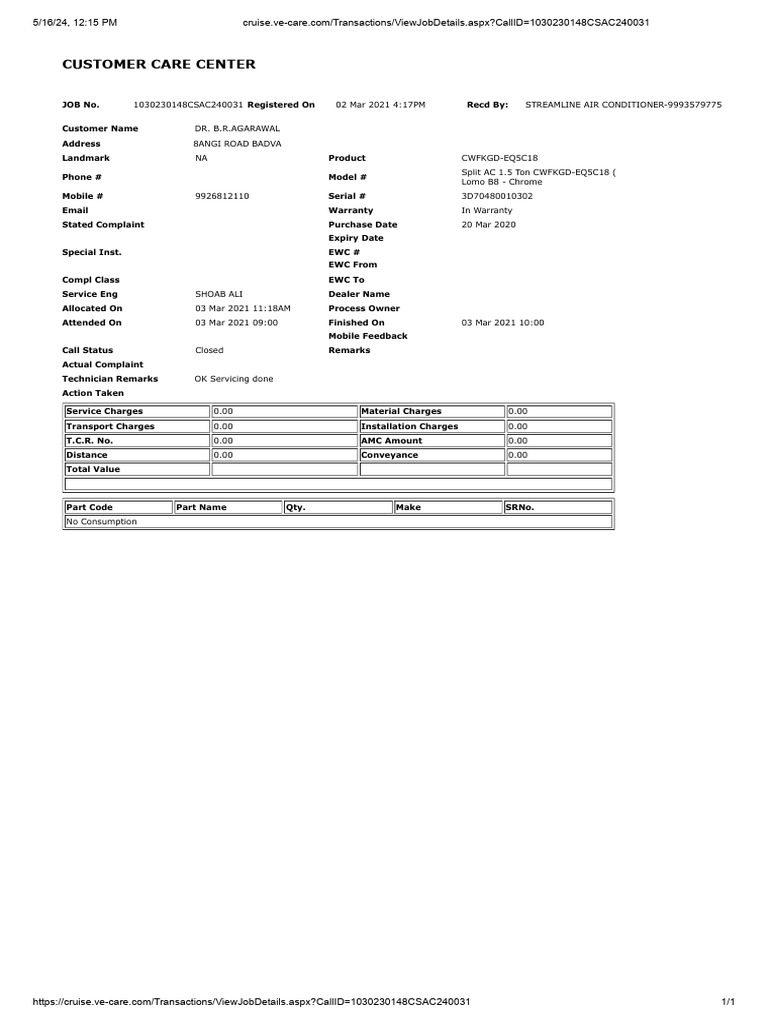 AC Service Report for Dr. B.R. Agarawal | PDF